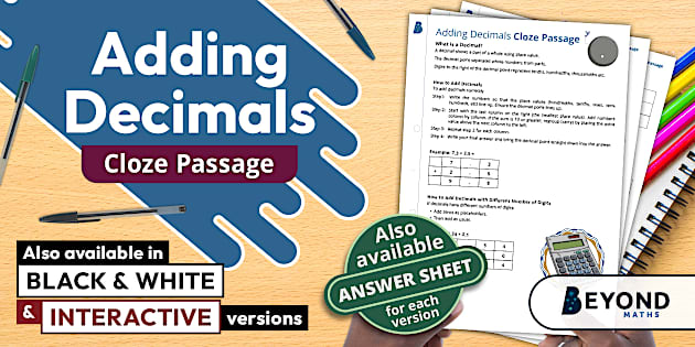 Adding Decimals Cloze Activity Sheet