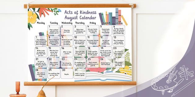 Acts of Kindness August Calendar Book-Themed Poster - Twinkl