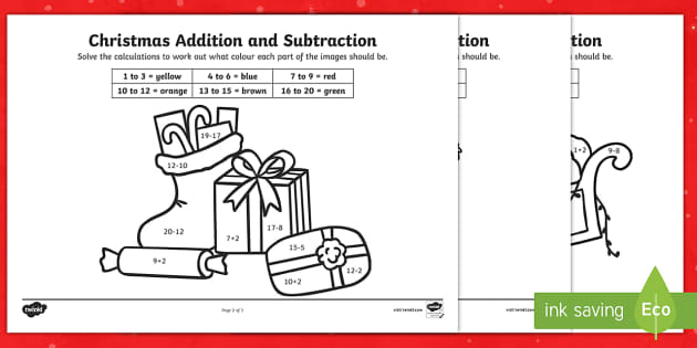 Christmas Addition and Subtraction to 20 Colour by Number