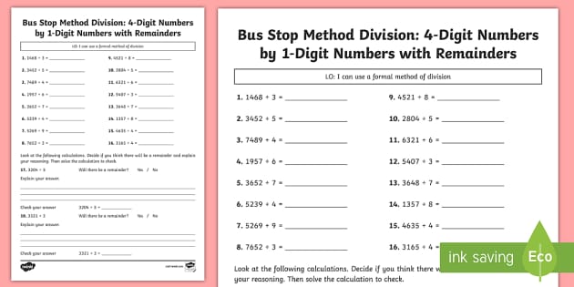 Bus Stop Method Formal Division Of 4 Digit Numbers With Remainders 
