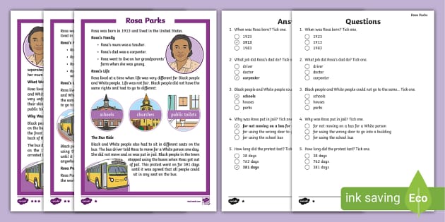 KS1 Rosa Parks Differentiated Reading Comprehension Activity