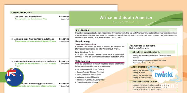 FREE! - Year 4 HASS Geography Africa and South America Unit Overview
