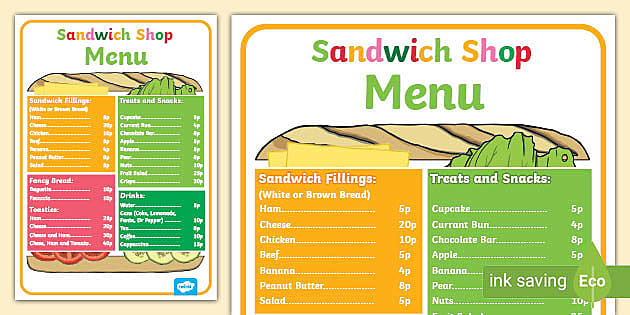 Sandwich Shop Role Play Menu (Teacher-Made) - Twinkl