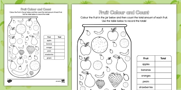 Fruit Colour and Count Worksheet (Teacher-Made) - Twinkl