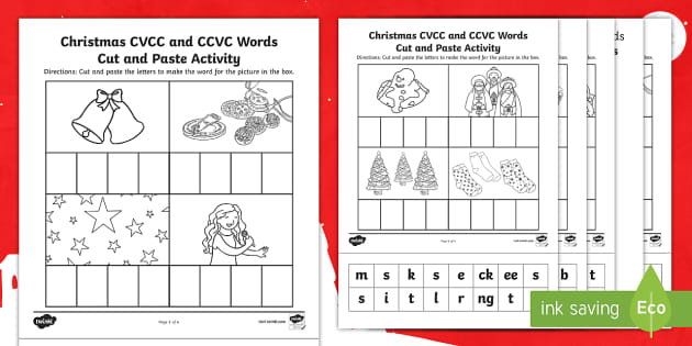 Christmas CVCC and CCVC Words Cut and Paste Activity