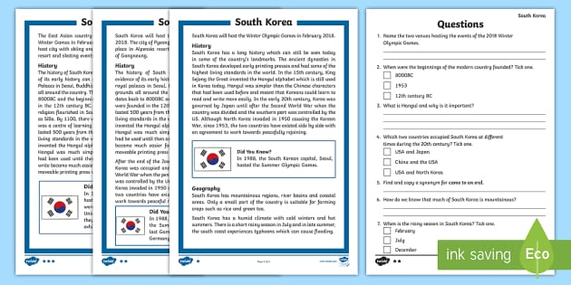 KS2 South Korea Differentiated Reading Comprehension Activity