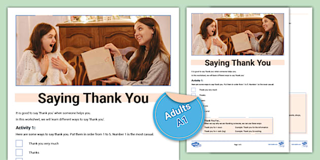 ESL Saying Thank You Worksheet [Adults, A1] - Twinkl