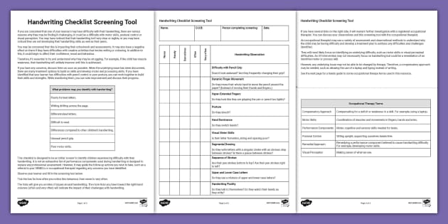 OT: Handwriting Checklist Screening Tool (teacher made)