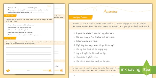Level 3 Writing - Assonance Worksheet (teacher made)