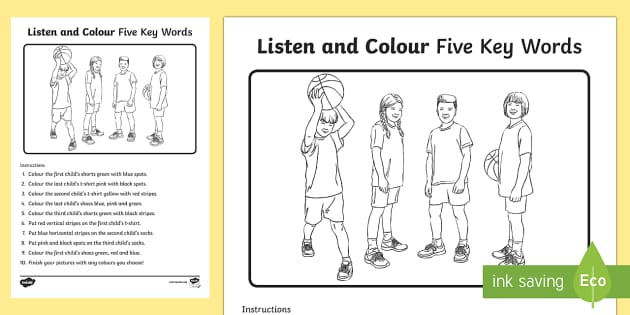 Listen and Colour 5 Key Words Worksheet / Worksheet - Twinkl