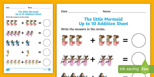 The Little Mermaid Up to 10 Addition Sheet (Teacher-Made)