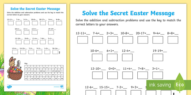 Easter Addition And Subtraction Secret Message Worksheet Worksheet Easter Addition And Subtraction Secret Message Worksheet Worksheet