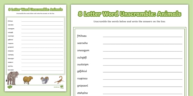 Animals with Eight Letters Word Unscramble Worksheet