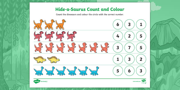 Hide-a-Saurus Dinosaur Count and Colour Worksheet