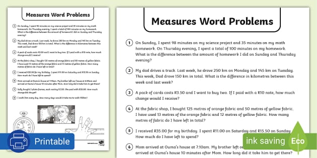 Measurement Word Problems Worksheet South Africa