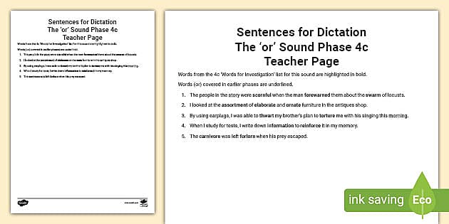 'or' Sound Dictation Sentences Linguistic Phonics Phase 4c