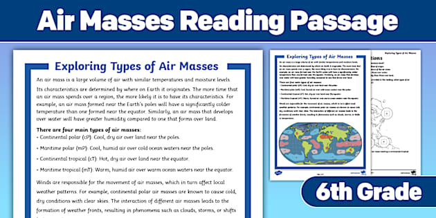 Types of Air Masses Reading Passage Comprehension Worksheet