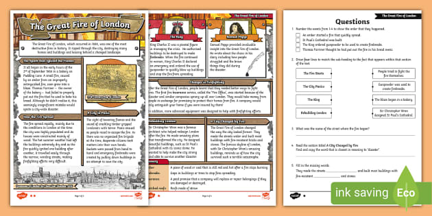 UKS2 The Great Fire of London Differentiated Comprehension