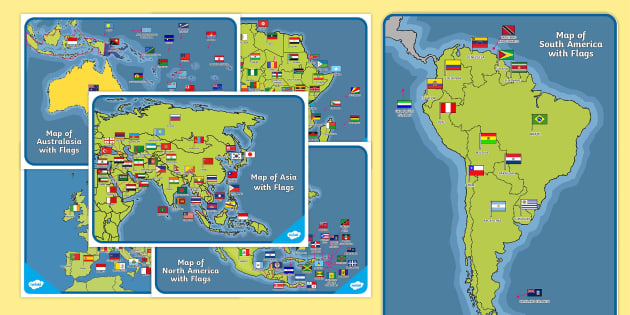 Maps of Continents with Flags Display Posters (teacher made)