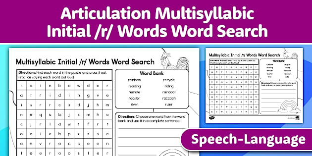 Articulation Multisyllabic Initial /r/ Words Word Search for SLP