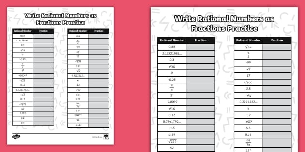 Eighth Grade Write Rational Numbers as Fractions Practice