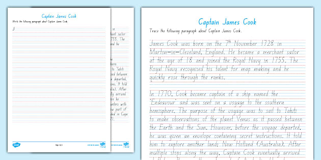 Captain James Cook Handwriting Practice Worksheets - Twinkl