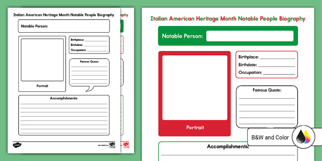 Italian American Heritage Month Notable People Biography Worksheet