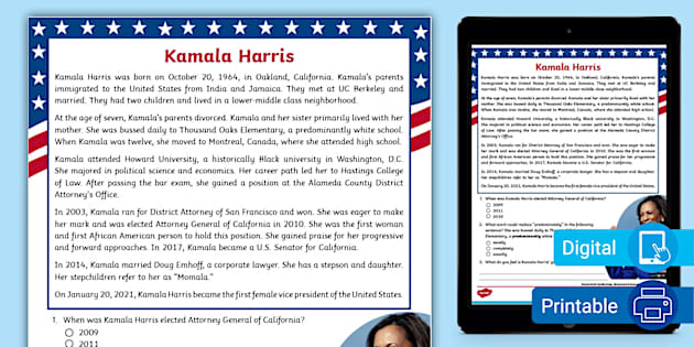 Fifth Grade Kamala Harris Reading Comprehension Activity