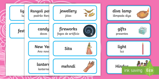 Diwali Topic Word Cards English/Portuguese (teacher made)