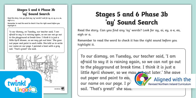 Northern Ireland Linguistic Phonics 3b 'ay' Sound Search Worksheet