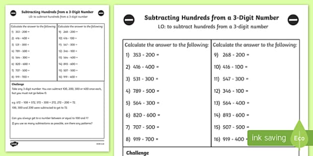 Subtracting Hundreds From 3 Digit Number Worksheet Year 3 Maths