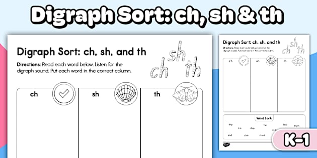 Digraphs Sorting: ch, sh, and th Worksheet for K-1st Grade