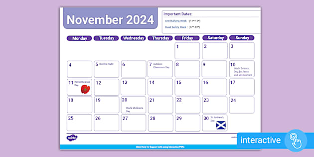 Interactive: November Events Second Level Teacher Calendar
