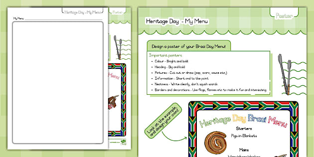 Foundation Phase Eng Heritage Day My Menu Poster/Worksheet