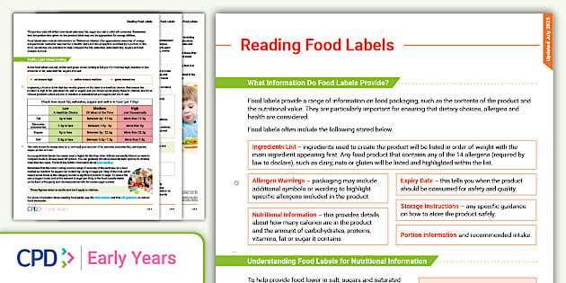 Reading Food Labels (Handout) - Twinkl