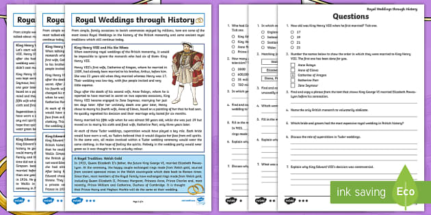 UKS2 Royal Weddings through History Differentiated Reading Comprehension