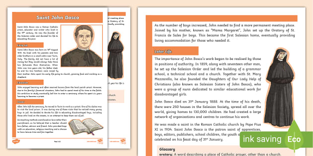 KS2 Saint John Bosco Fact File (teacher made) - Twinkl