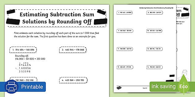 Estimating Subtraction Sum Solutions By Rounding Off Activity Sheet