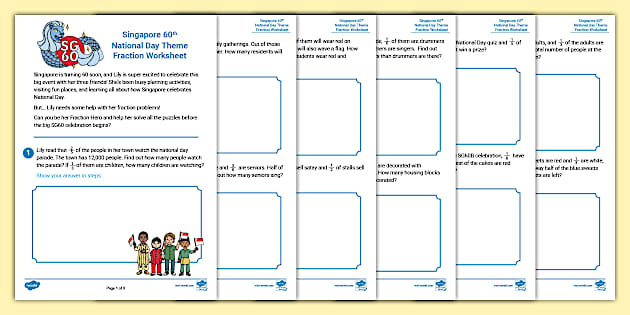 SG60 Singapore National Day Fraction Worksheet - Twinkl