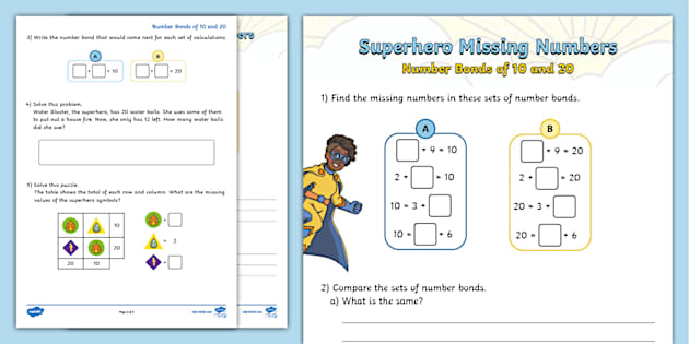 KS1 Superhero Missing Numbers – Number Bonds of 10 and 20