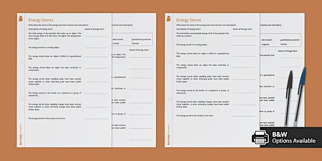 Energy Stores Worksheet | KS3 / KS4 Science | Beyond