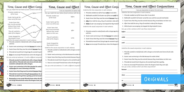 KS2 Conjunctions for Time, Cause and Effect Differentiated Worksheet (KS2