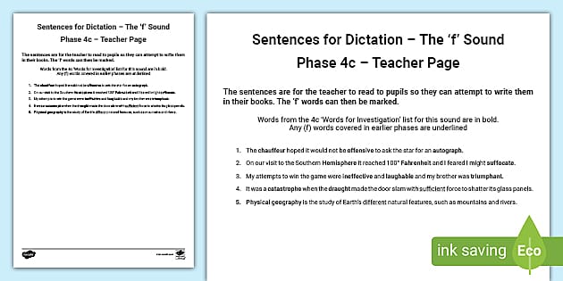 Linguistic Phonics Phase 4c 'f' Dictation Sentences Teacher Worksheet