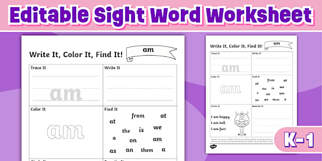 Editable Sight Word Worksheet Word & Google Docs