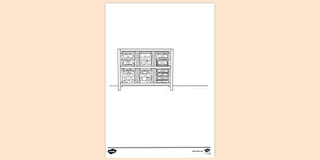 Shelving Unit with Labelled Boxes | Colouring Sheets