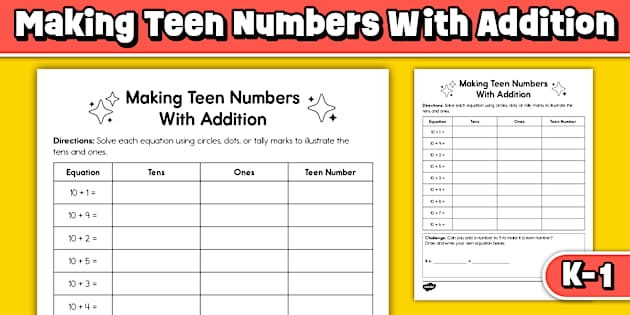 Making Teen Numbers With Addition Worksheet for K-1st Grade