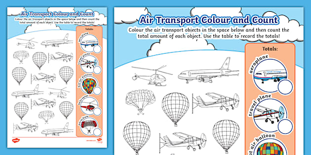 Air Transport Colour and Count Worksheet - Twinkl