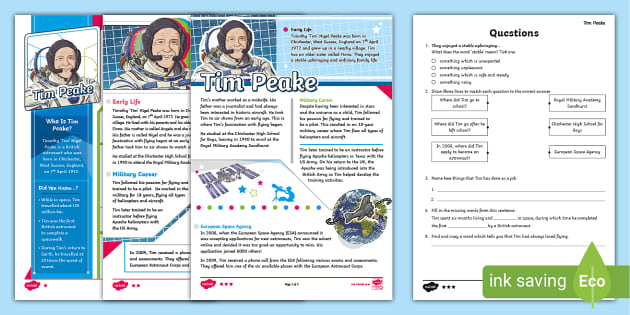 LKS2 Tim Peake Differentiated Reading Comprehension Activity