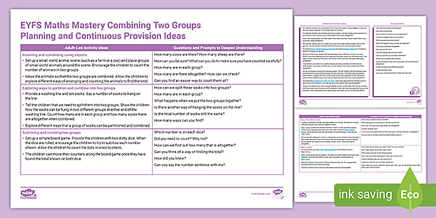 EYFS Maths Mastery Combining Two Groups Planning and Continuous Provision
