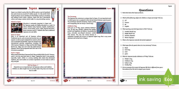 Japan Differentiated Reading Comprehension Activity - Twinkl
